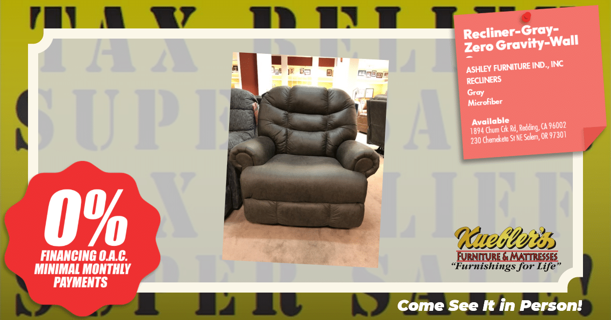 Recliner-Gray-Zero Gravity-Wall Saver | Kuebler's Furniture